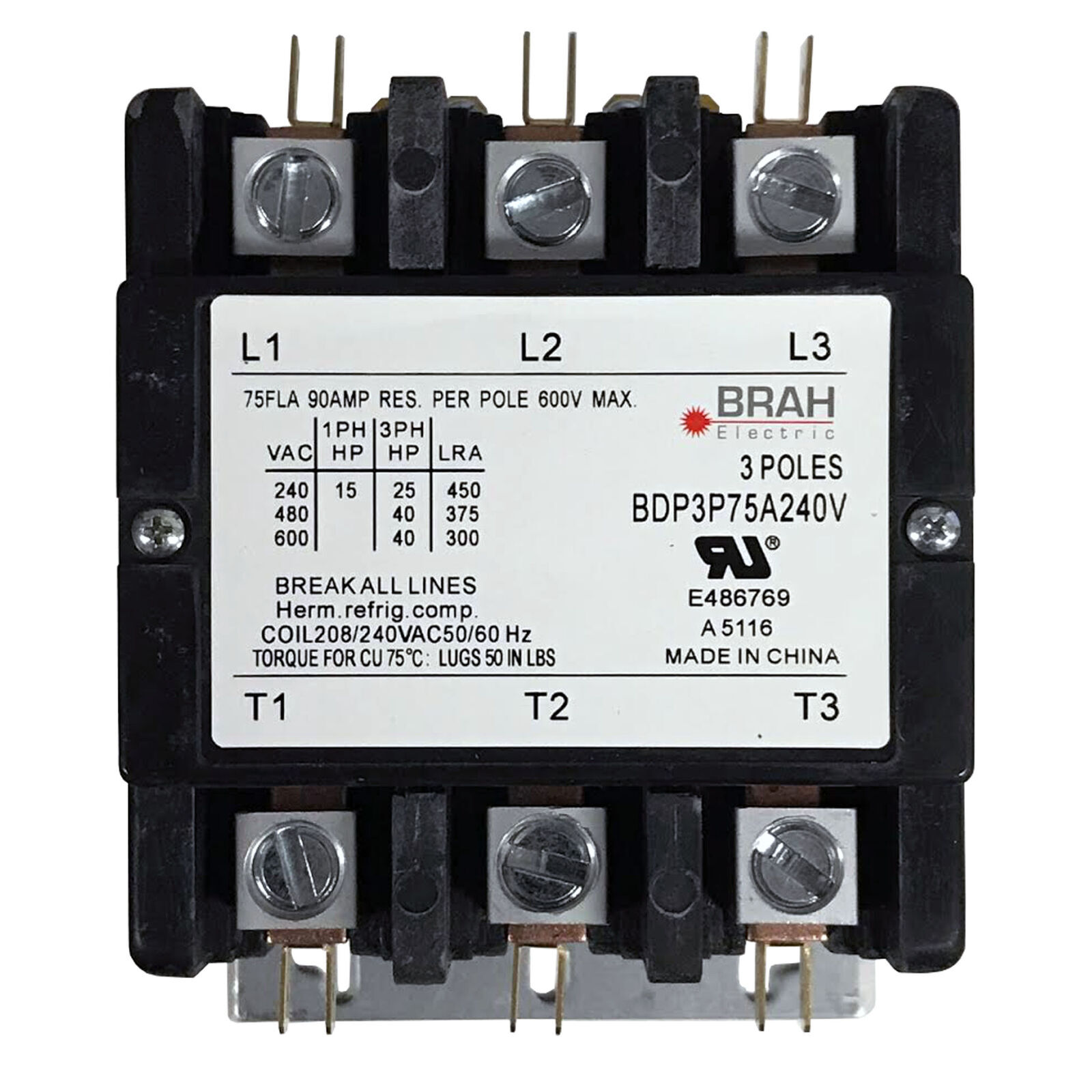 BDP3P75A240V 75A 600V 3P Definite Purpose Contactor with 208/240VAC ...
