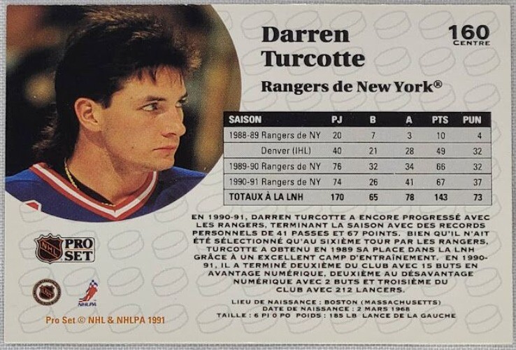 1991-92 Pro Set Hockey French #160 Darren Turcotte New York Rangers | eBay