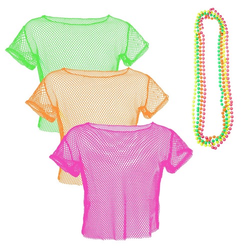 80'S NEON MESH CROP TOP SHORT SLEEVE FISHNET HOLE RAVE FESTIVAL ...