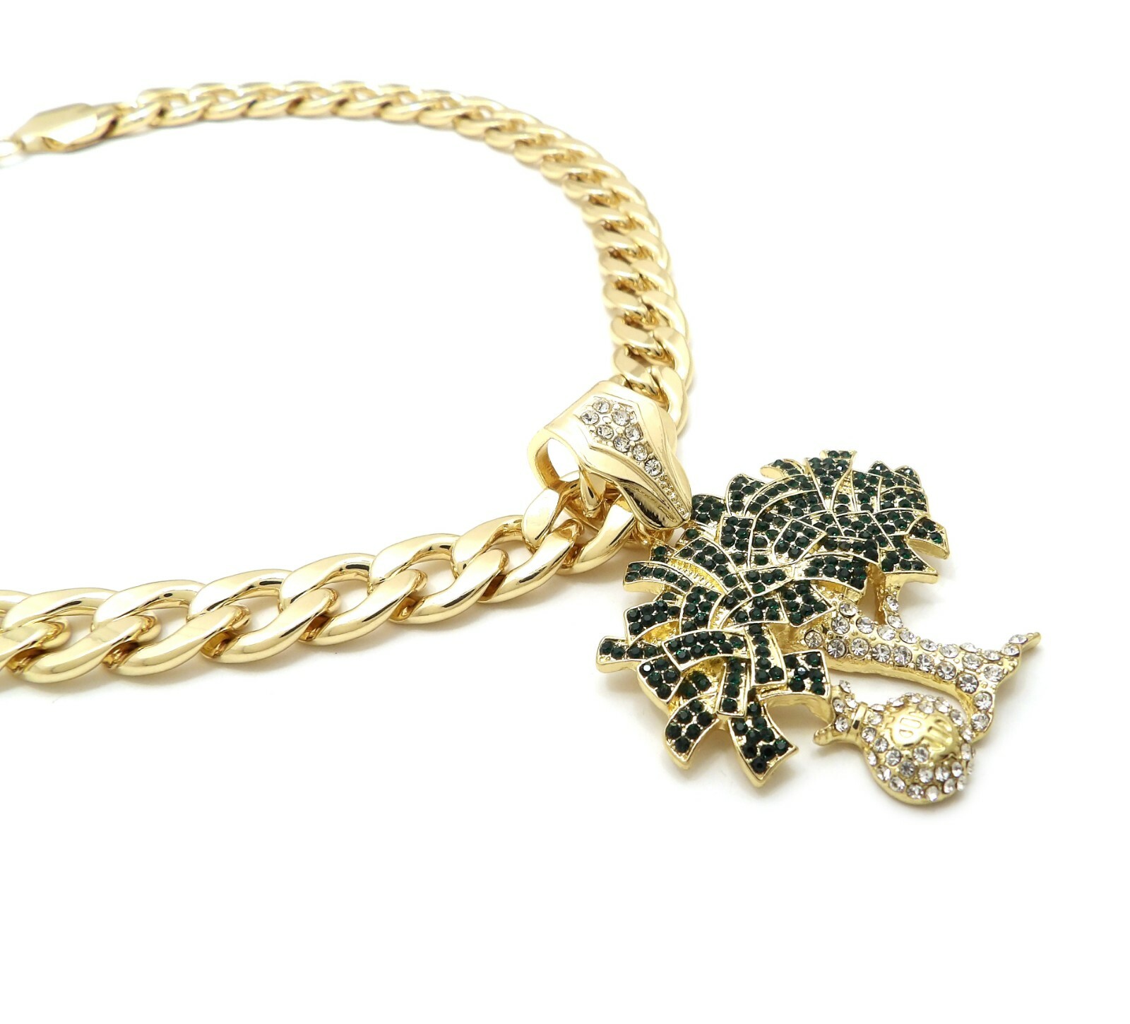 HIP HOP FULL ICED MONEY TREE PENDANT WITH 11mm 20" CUBAN CHAIN GOLD ...
