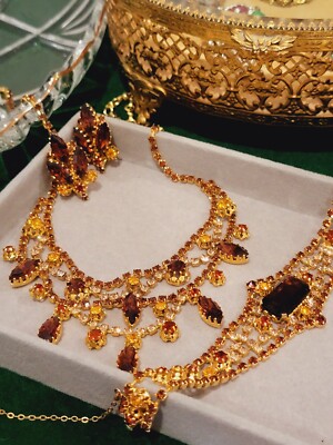 Vintage Austria Amber Color Rhinestone Necklace Bracelet Earrings ...