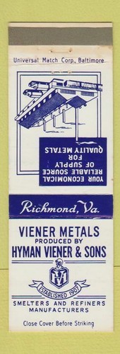 Matchbook Cover - Viener Metals Richmond VA WEAR | eBay