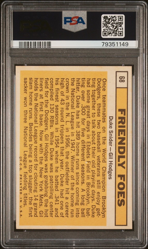 1963 Topps Friendly Foes #68 DUKE Snider GIL Hodges PSA 6 NEW LABEL ...