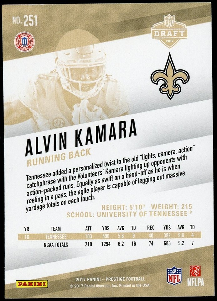 2017 Panini Prestige Rookie Alvin Kamara #251 (RC) New Orleans Saints ...