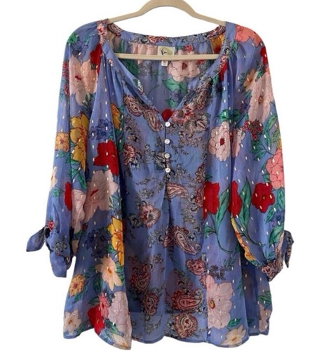 Fig and Flower Floral Paisley Top Blouse Chiffon Semi Sheer Colorful ...