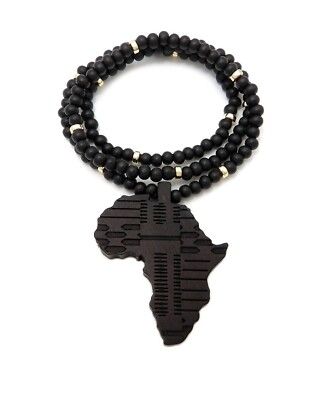 BLACK AFRICA CONTINENT PENDANT & 6mm 26" WOODEN BEAD CHAIN HIP HOP ...