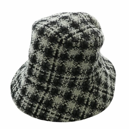 CHANEL Hat Bucket Hat Baked Wool Tweed Coco Mark Silver Hardware M ...