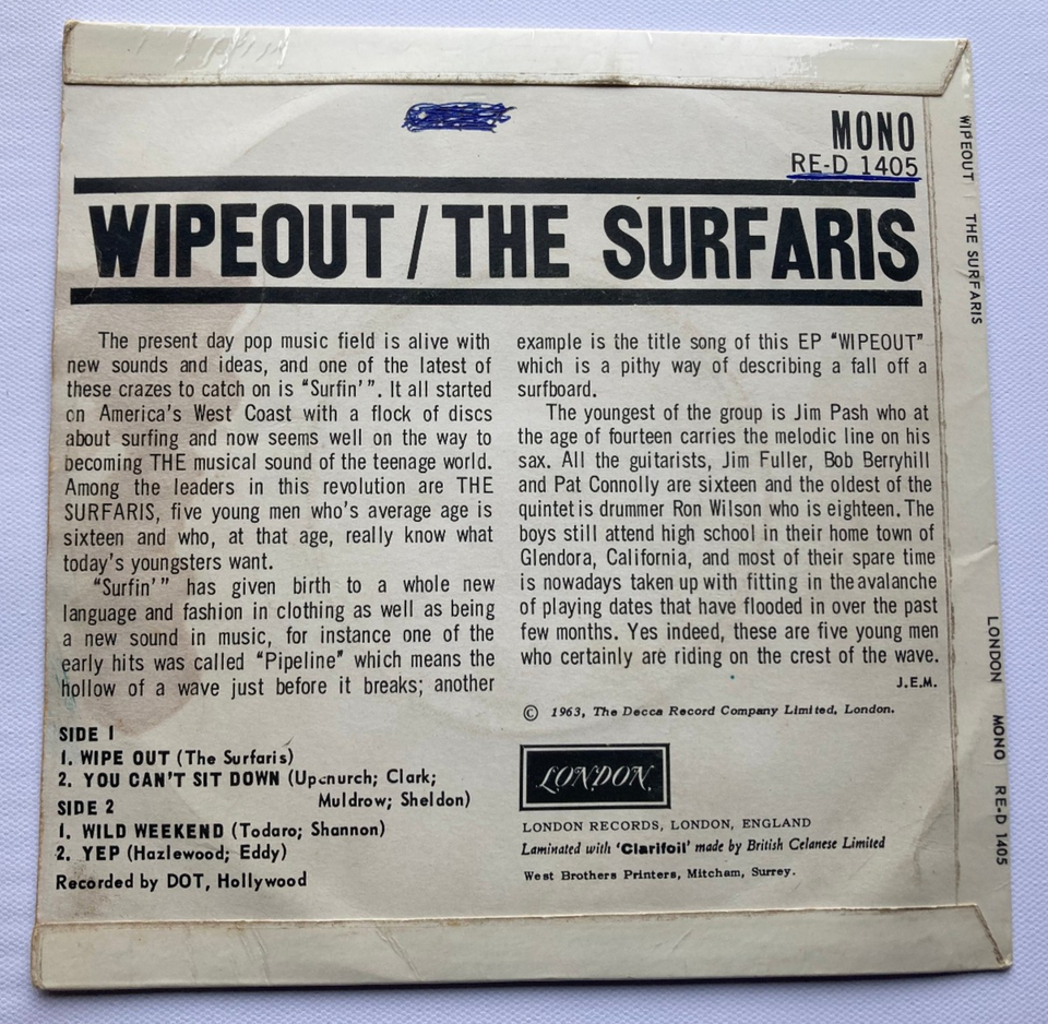 THE SURFARIS "WIPE OUT" 1963 UK EARLY FOUR TRACK EP 1 D STAMPERS | eBay UK