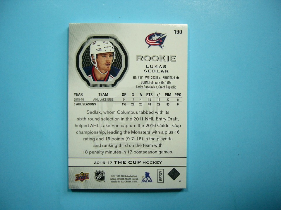 2016/17 UPPER DECK THE CUP NHL HOCKEY CARD #190 LUKAS SEDLAK ROOKIE RC ...