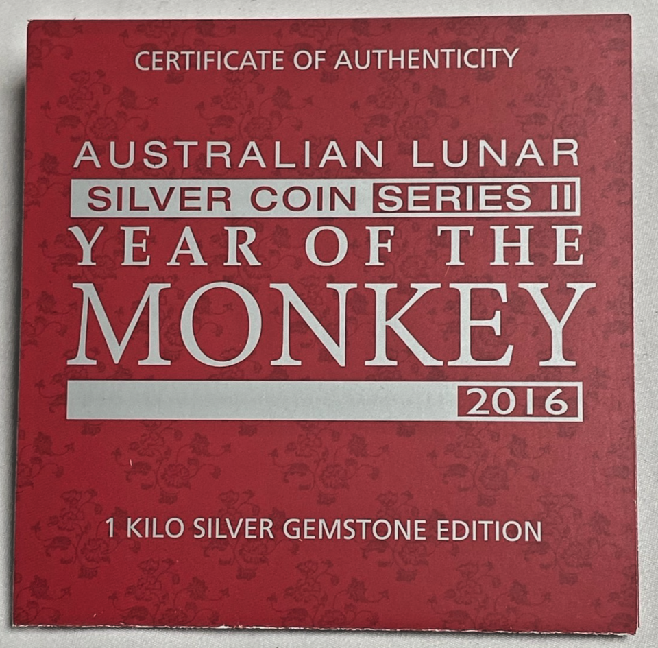 2016 1 kilo .999 Silver Colorized AUS Lunar Year of the Monkey Gemstone ...