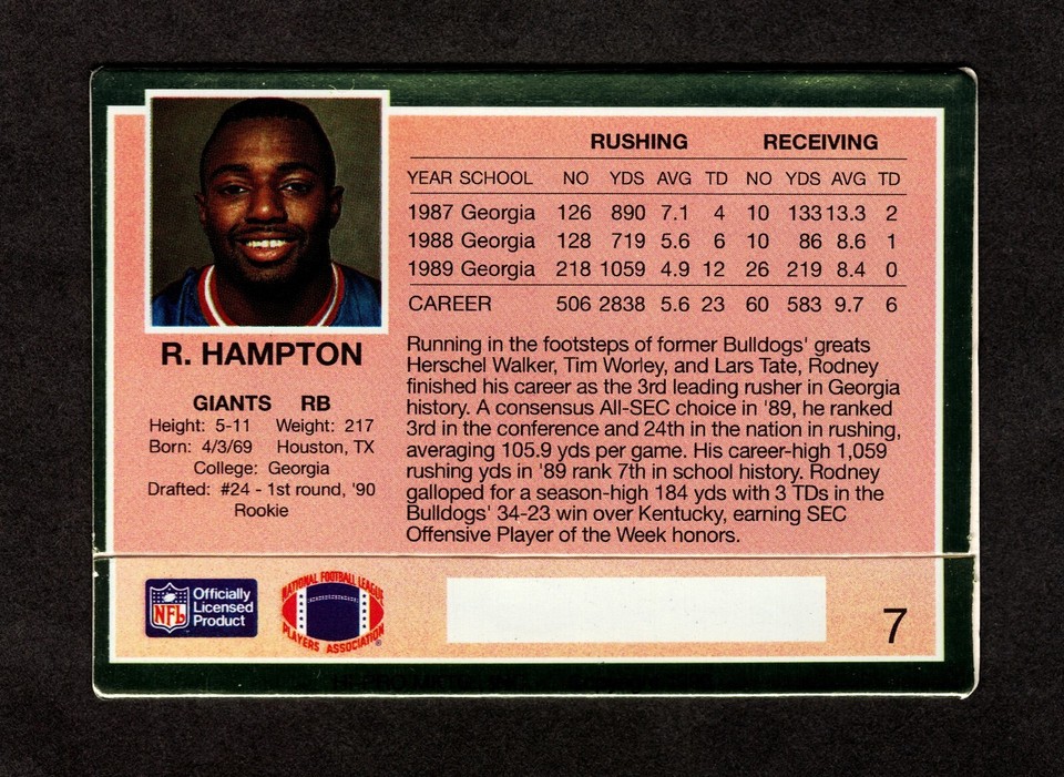 1990 ACTION PACKED RC #7 RODNEY HAMPTON - NEW YORK GIANTS - ROOKIE CARD ...