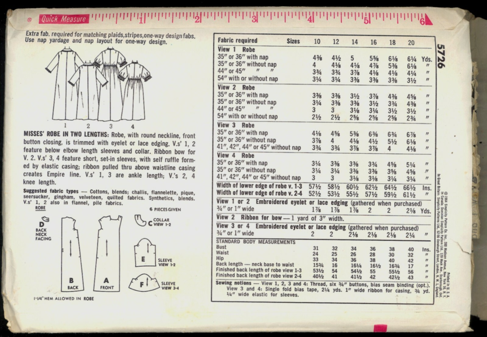 60s Size 12 Bust 32 Robe Housecoat Empire Waist Simplicity 5726 Pattern ...