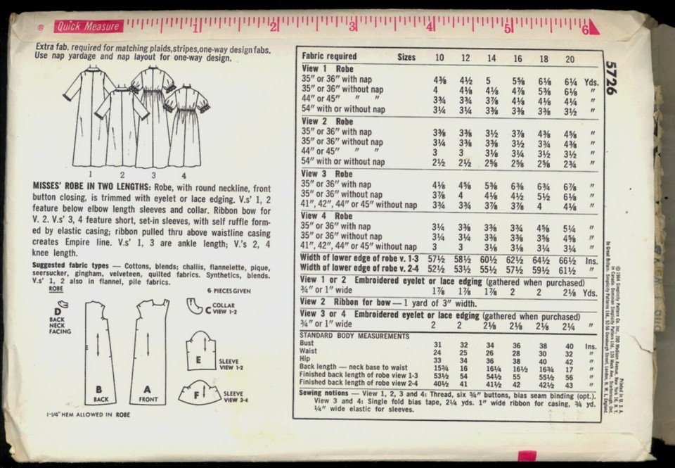 60s Size 12 Bust 32 Robe Housecoat Empire Waist Simplicity 5726 Pattern ...