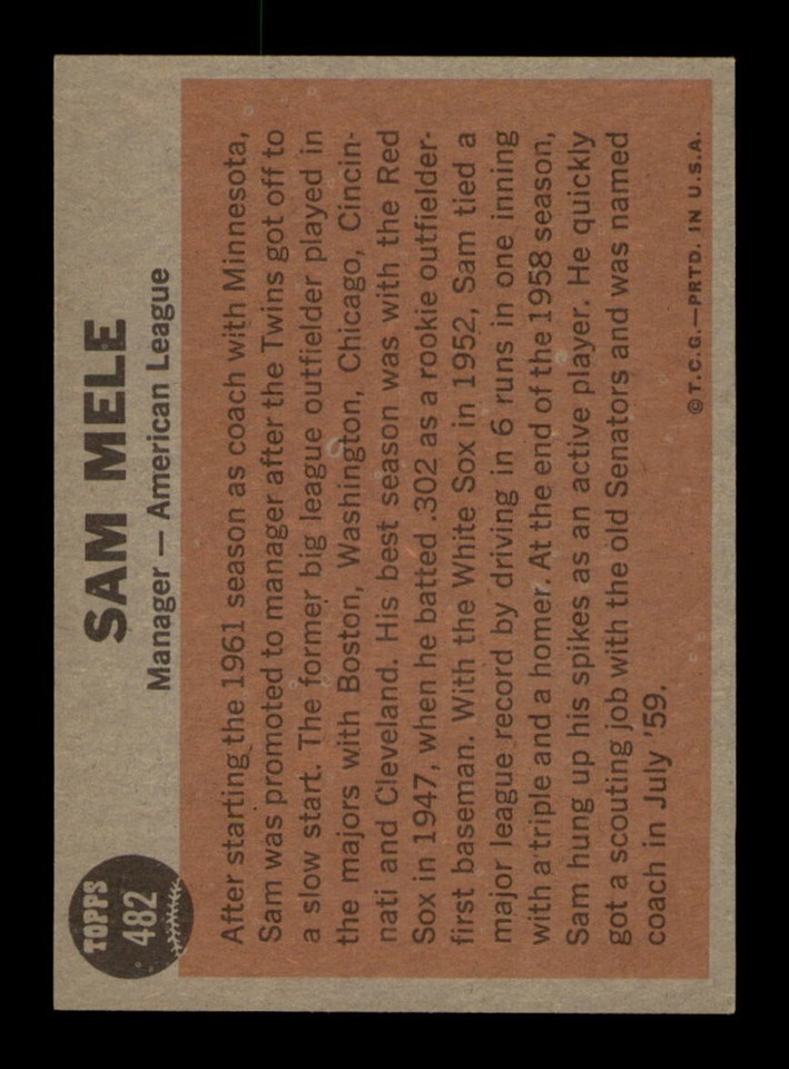 1962 Topps Set Break #482 Sam Mele Manager NM *OBGcards* | eBay