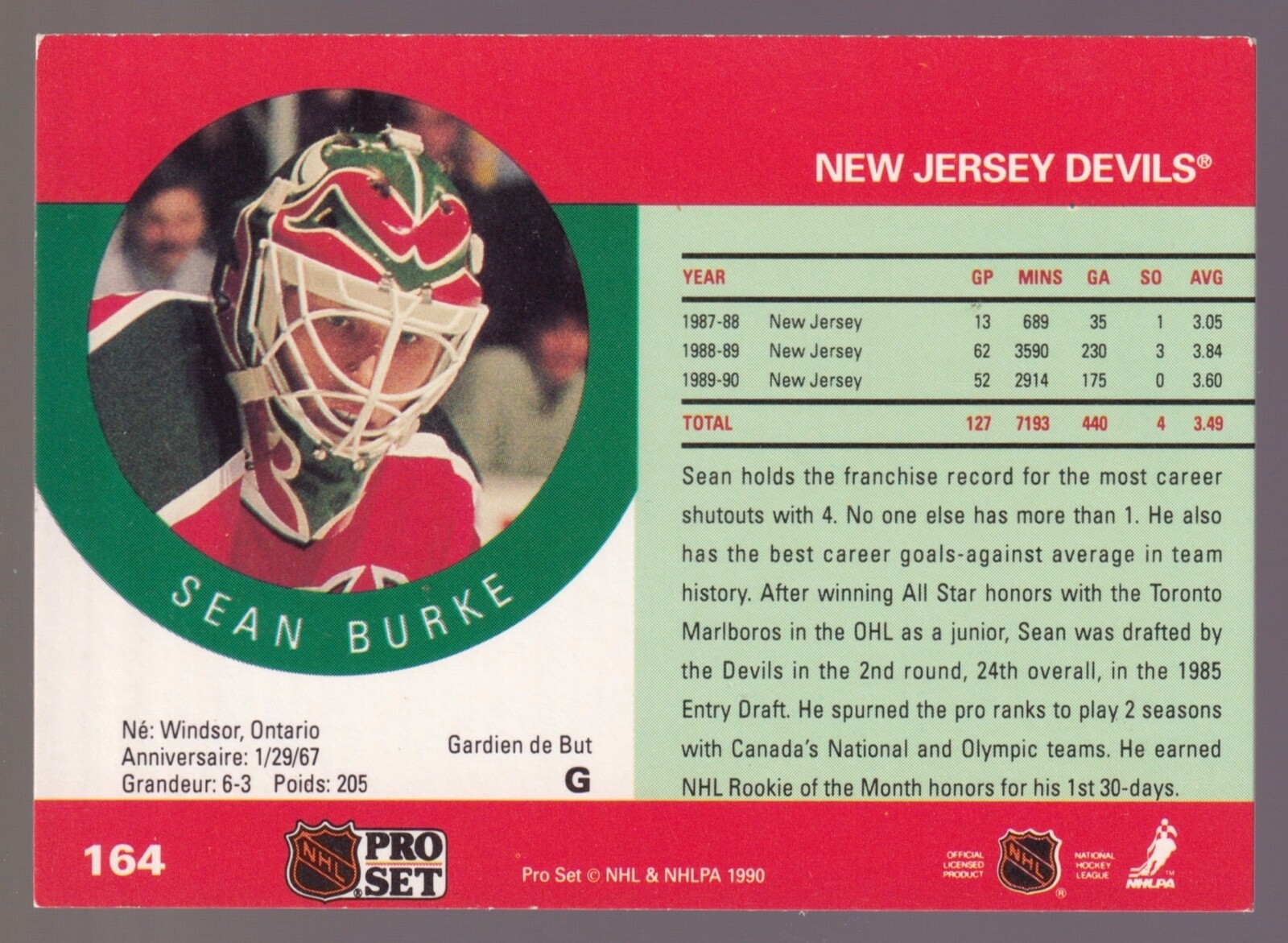 1990-91 Pro Set - #164 Sean Burke, Sean Burke for sale online | eBay