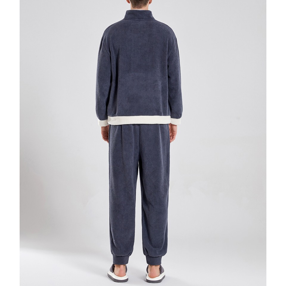 Men's Fuzzy Pajama Set Cozy Sweatshirt Sweatpants 2 Piece Zip Up Warm ...