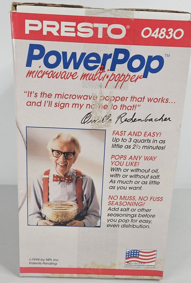 Vintage Presto 04830 PowerPop Microwave Multi-Popper Popcorn Orville ...
