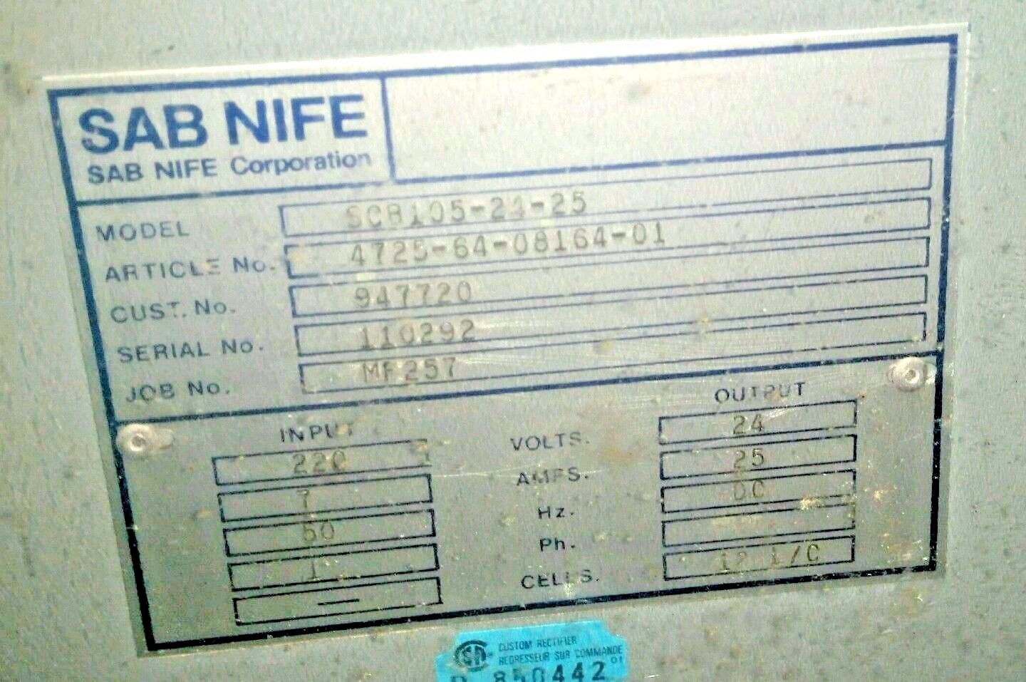 SAB NIFE 1 PHASE MARINE BATTERY CHARGER TYPE SCB SERIES 100 RECTIFIER ...