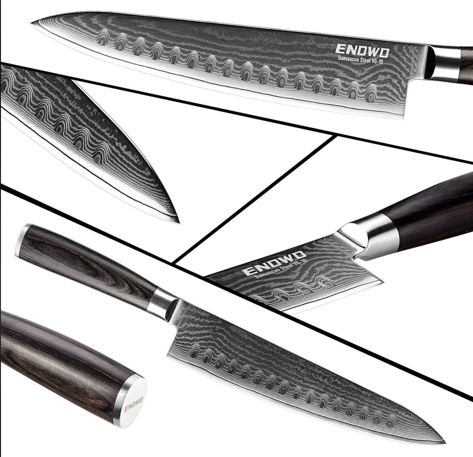 Enowo Damascus Chef Knife 8 Inch with Clad Dimple,Razor Sharp Kitchen ...