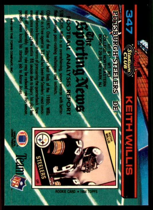 1991 TOPPS STADIUM CLUB FOOTBALL CARD PITTSBURGH STEELERS #347 KEITH ...