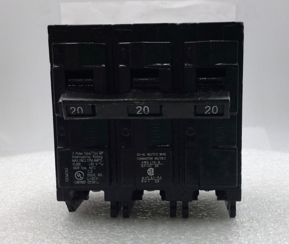 Siemens/ITE/Gould Q320 20 Amp 3 Pole 240V 10Ka Circuit Breaker -Flawed ...
