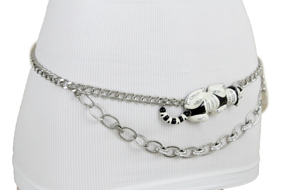 Women Belt Silver Metal Chain Link Wave White Tiger Bling Buckle XS S M ...