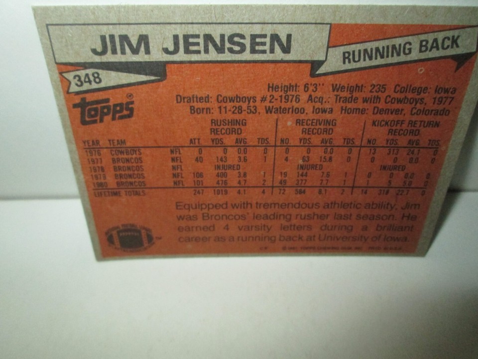 JIM JENSEN 1981 card #348 Rookie Rc DENVER BRONCOS Miami Dolphins EX+ ...