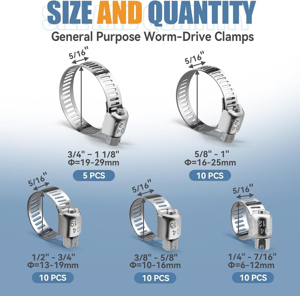45pcs Hose Clamps 1/4'' to 1-1/8'' Adjustable Steel Band Worm Clip ...