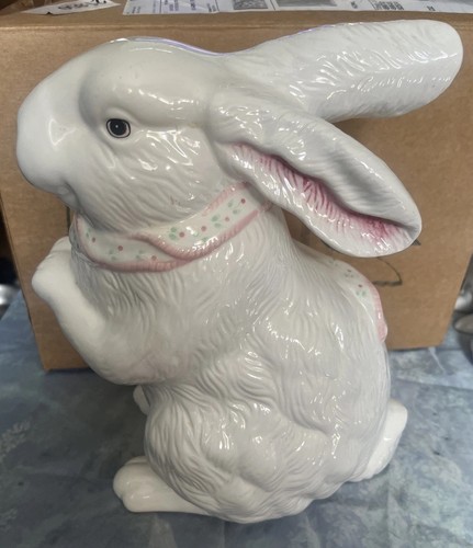 Large 10.5” Tall Ceramic Easter Rabbit w/ Pink & Green Ceramic Ribbon ...