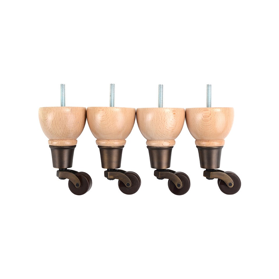 4 Wooden Legs with castors for sofa chair footstool replacement castor ...