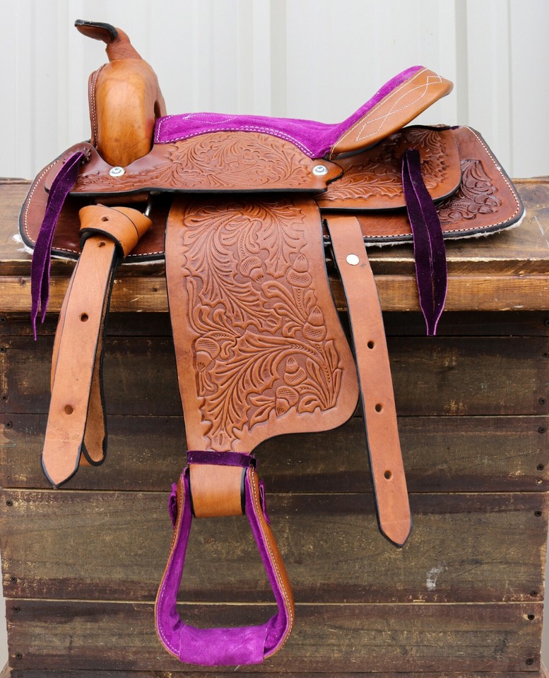 12" Purple Kids Brown Leather Pleasure Western Pony Saddle Mini ...