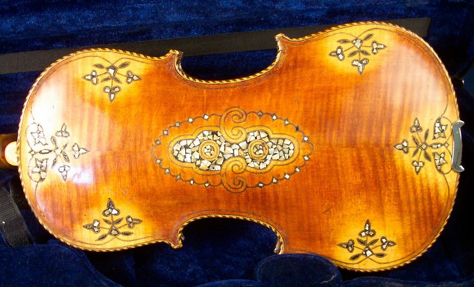 Gorgeous ornate MOP inlaid antique 4/4 German violin with matching bow ...
