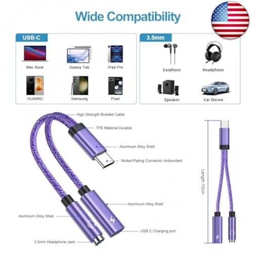 USB C to 3.5mm Audio Headphone & Android Phone Charger Adapter, 2-in-1 ...