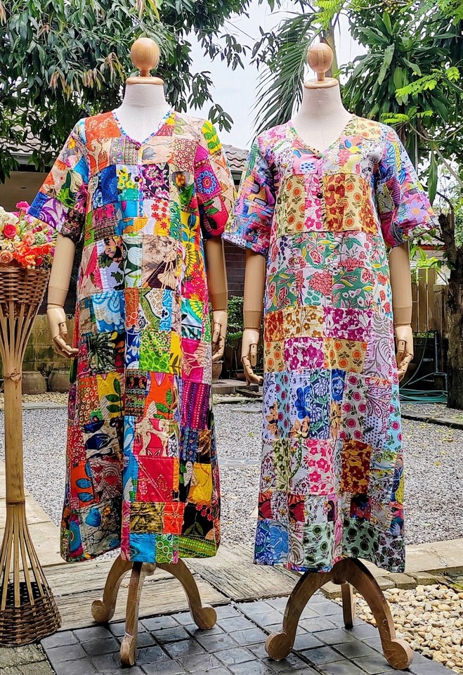 Handmade Boho A-Line Dress, V-Neck Button Front, Patchwork Cotton by Thai Women | eBay