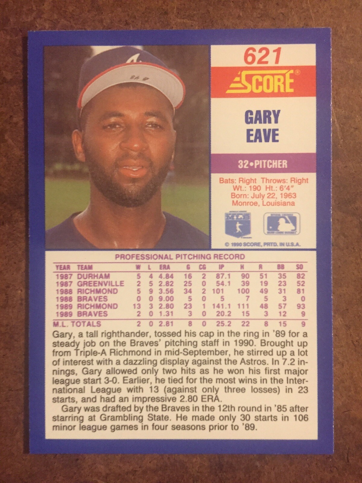 Gary Eave 621 Score 1990 MLB Bassball Trading Card | eBay