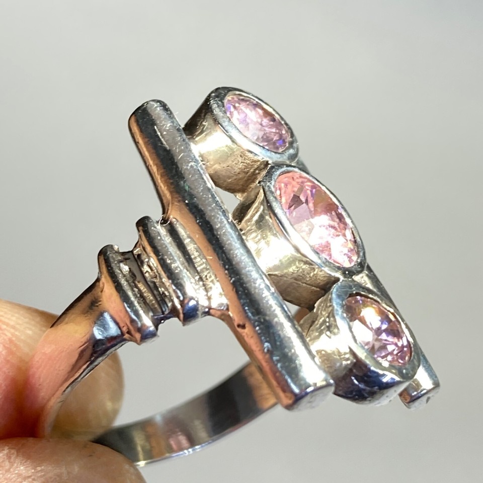 Art Deco Three Stone Pink Ice Ring Vintage 1980s Sterling Silver 925 ...