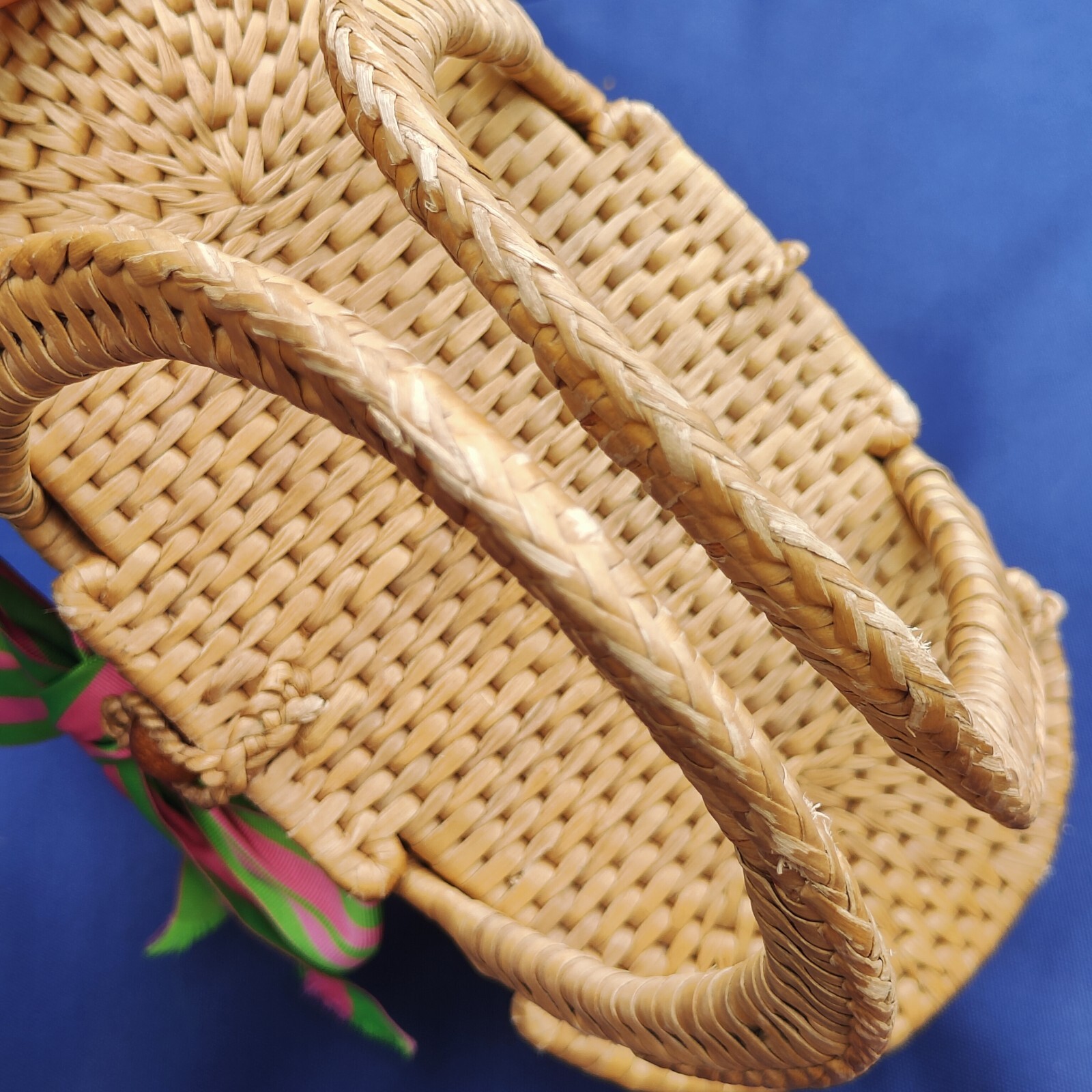 Vintage Wicker Rattan Palm Beach Preppy Pink Green Ribbon Woven Handbag ...