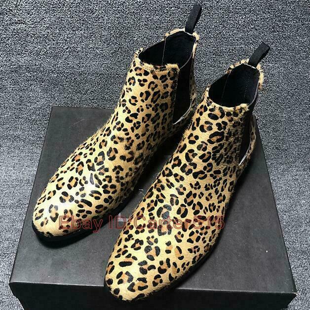 Men's Leather Leopard Print Pull On Nightclub Chelsea Ankle Boot Casual ...