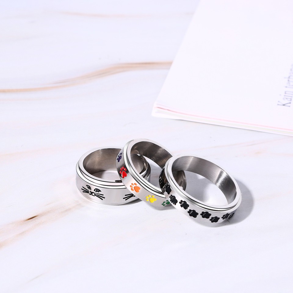 3PCS Dog Cat Paw Print Stainless Steel Spinner Rings Pet Lover Anti ...