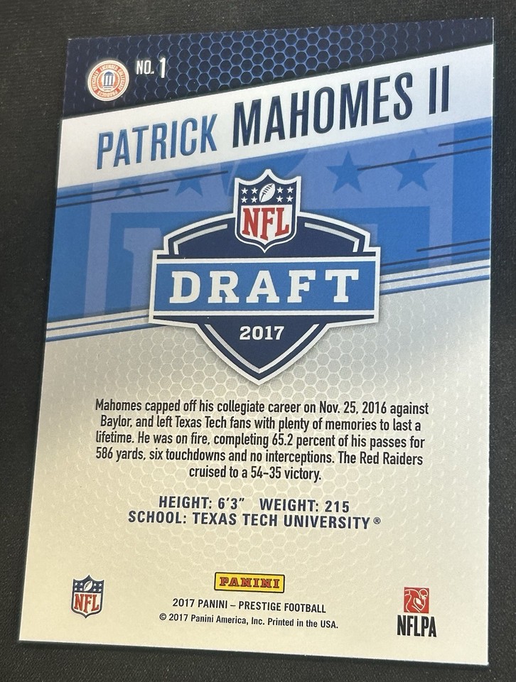 Patrick Mahomes 2017 Prestige Rookie Draft Big Board Chiefs Insert #1 ...