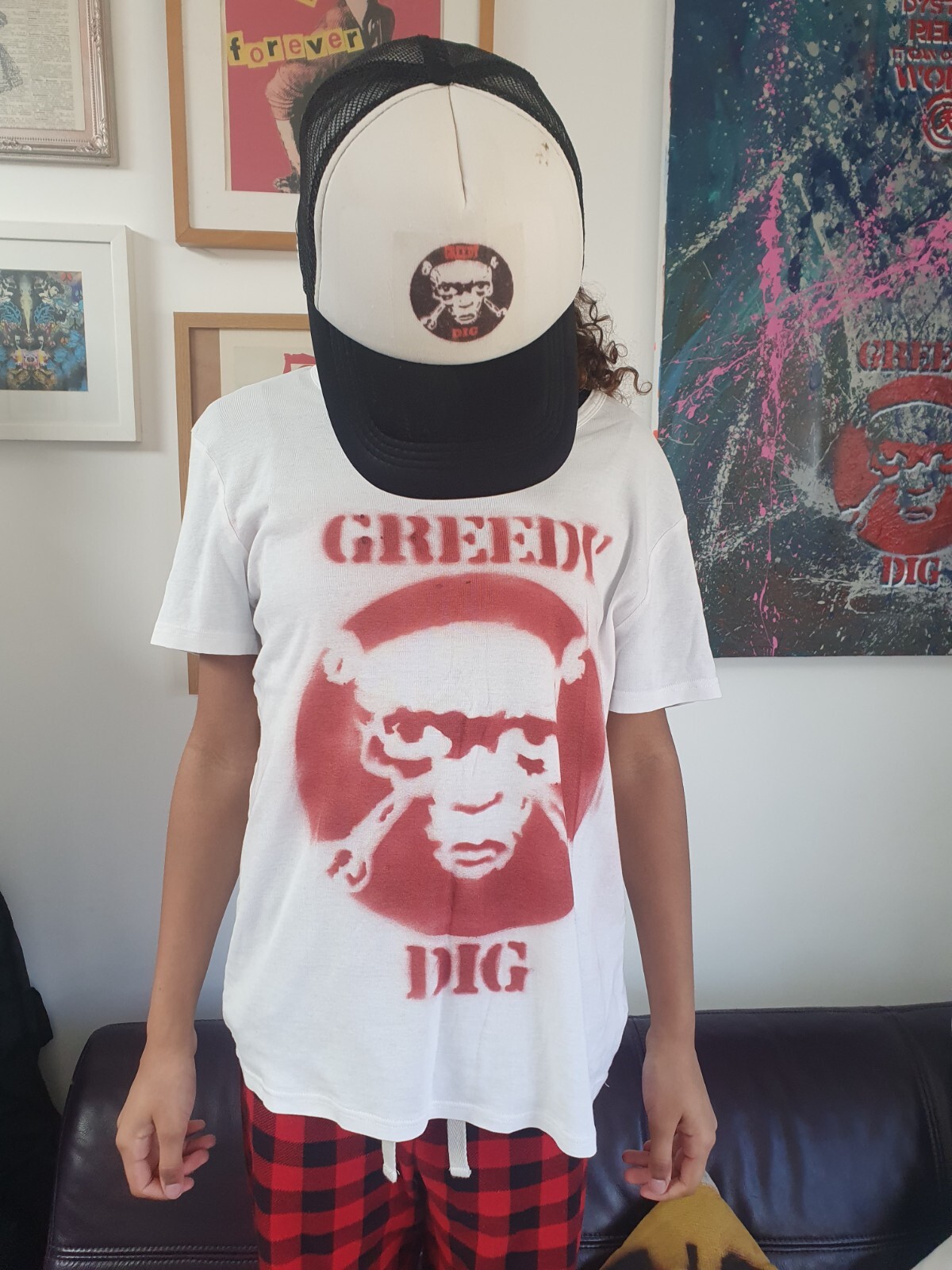 GREEDY DIG T-SHIRT Size L. 1 off design, HAND MADE UNIQUE ARTWORK. Punk ...