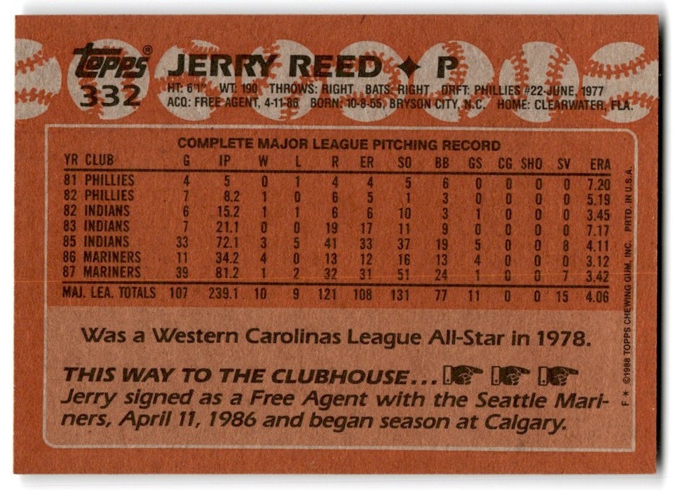 1988 Topps Jerry Reed Seattle Mariners #332 | eBay