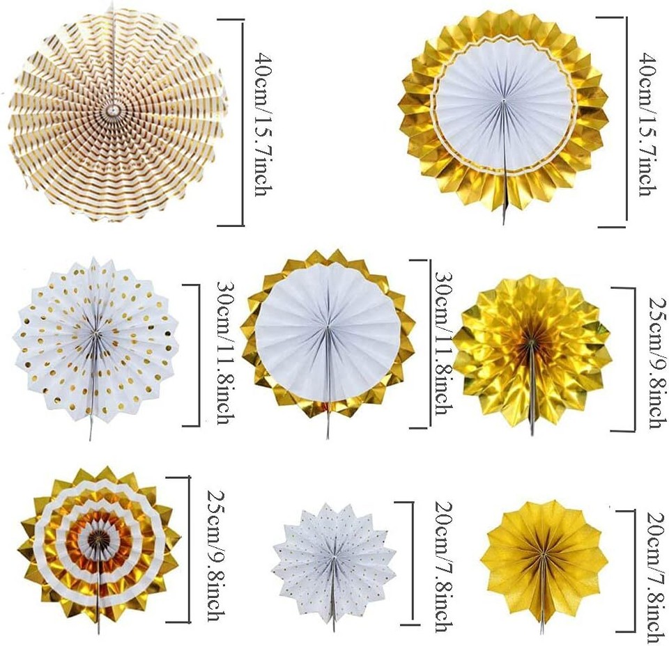Set of 8 Party Decoration Gold Paper Fans Hanging Paper Flowers Wall ...