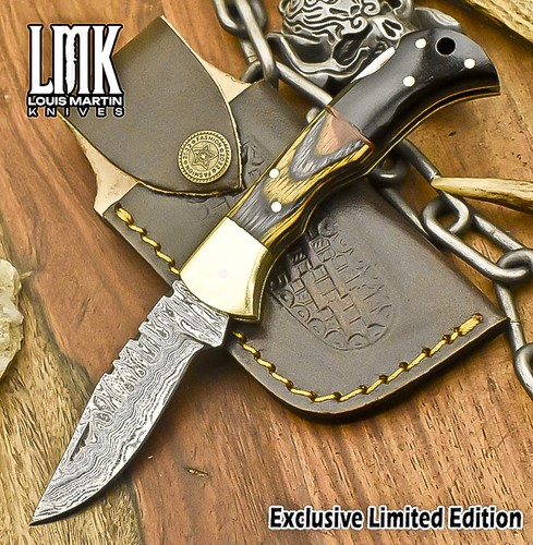 LMK Hand Crafted Ladder Damascus Folding Knife Bull Horn Back Lock ...