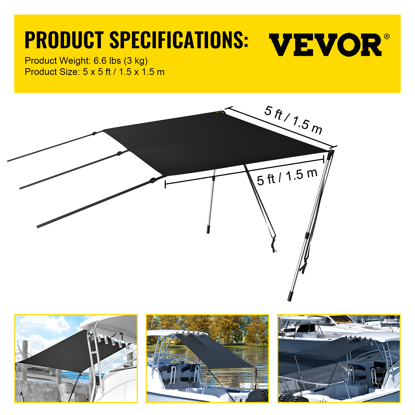 VEVOR T-Top Boat Shade Extension 5'x5' Stern Sun Shade Kit with ...