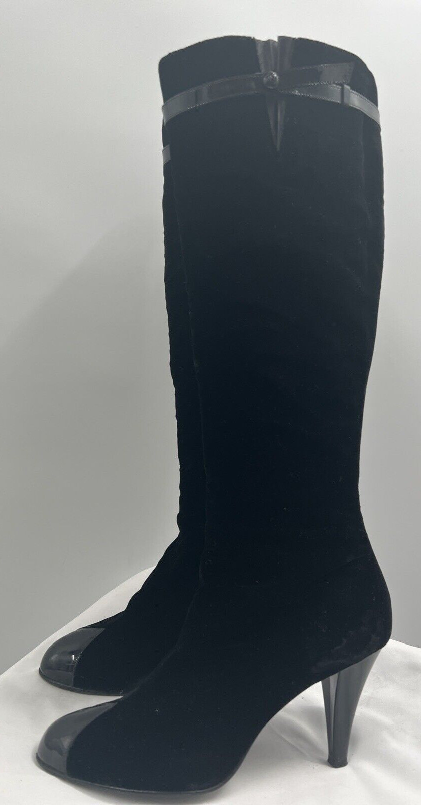CHANEL Black Velvet Velour Knee High Boots W/Patent H… - Gem