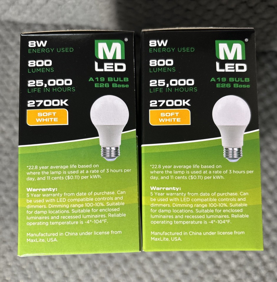 4-Pack Maxlite LED Light Bulbs 8W = 60W Watt A19 Soft White 2700K ...