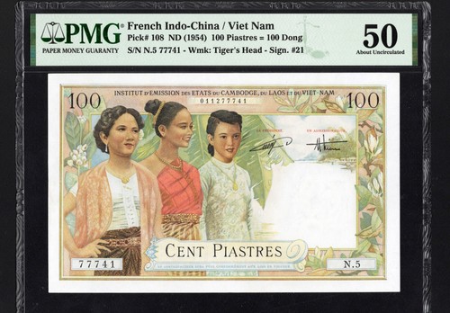 French Indo China Vietnam 100 Piastres P108 1954 PMG50 aUNC Indochina Note RARE | eBay