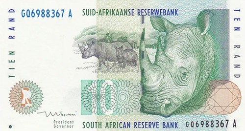 10 Rand bill note. South Africa 1999. 10 Rand Banknote. single ...