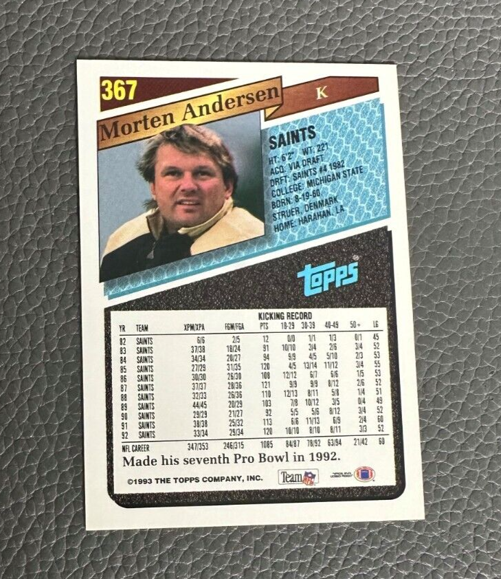 1993 Topps Football Card #367 Morten Andersen HOF Kicker Saints | eBay